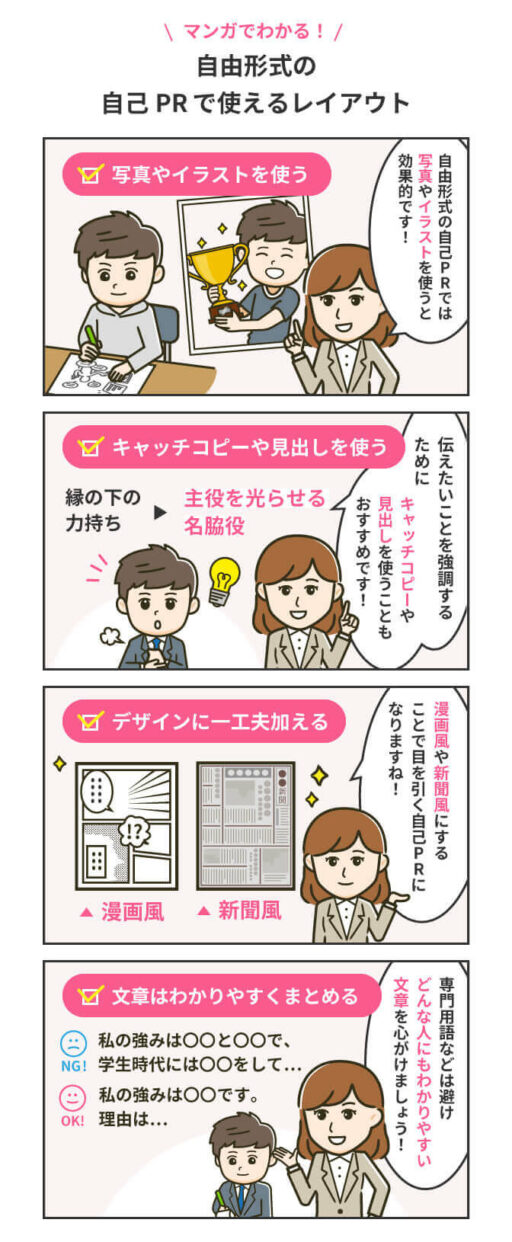 自由形式の自己PRは8ステップで作れる！作成のコツや完成例を解説 | アクセス就活PLUS｜就活ノウハウをイラストで紹介する情報サイト